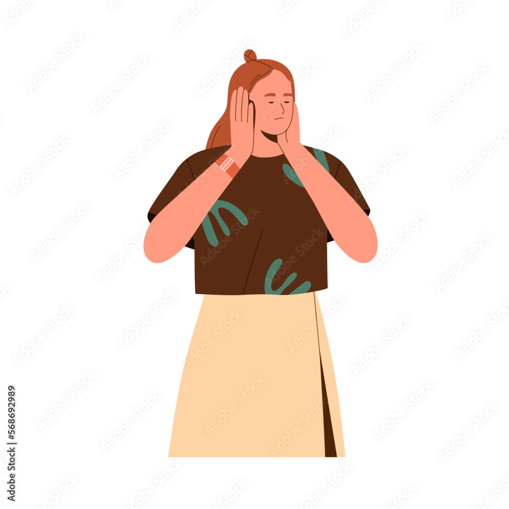 Annoyed woman closing ears, covering with hand palms. Irritated person ...