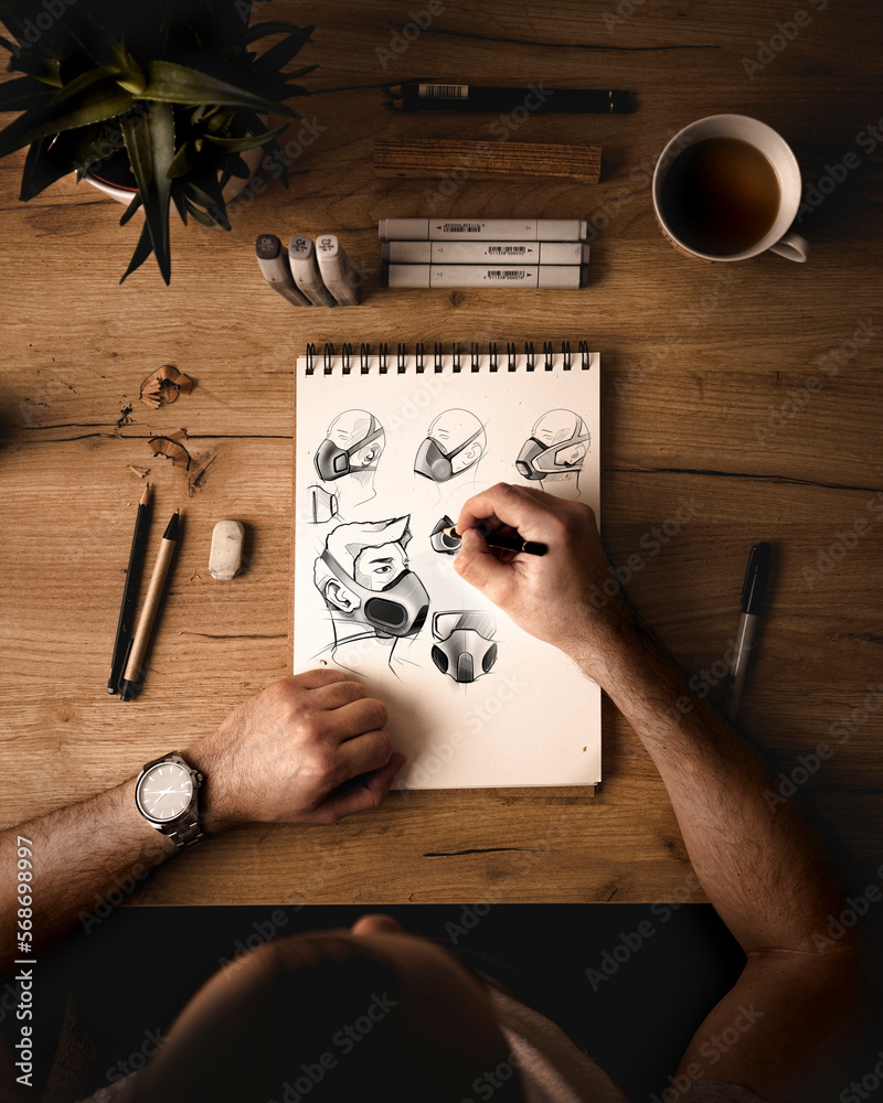 Desk drawing with pencils and markers Stock Photo | Adobe Stock
