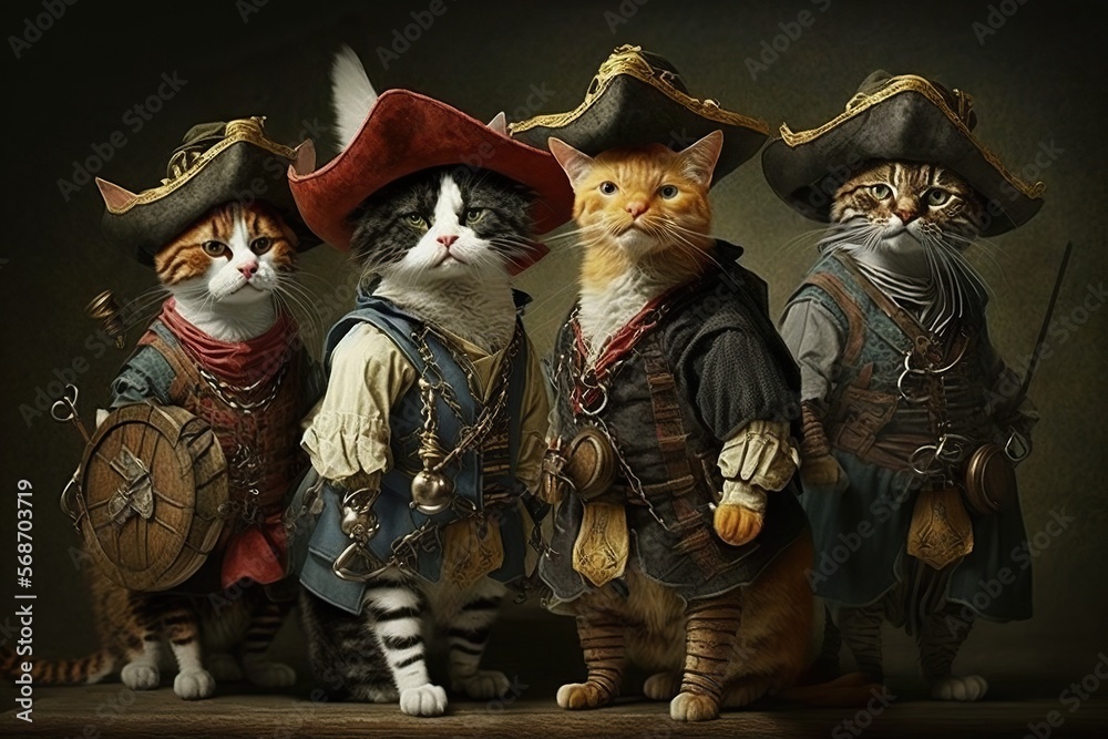 Group of adorable cats dressed as pirates, with swords, a concept for a ...