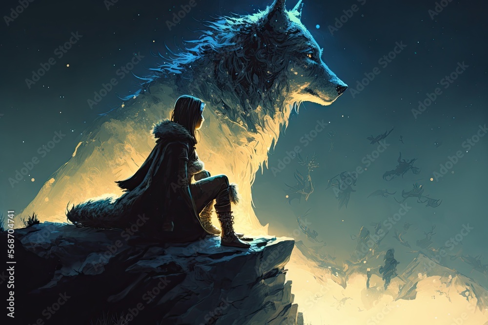 Woman sitting on a hill watching the night sky with a silhouette of a ...