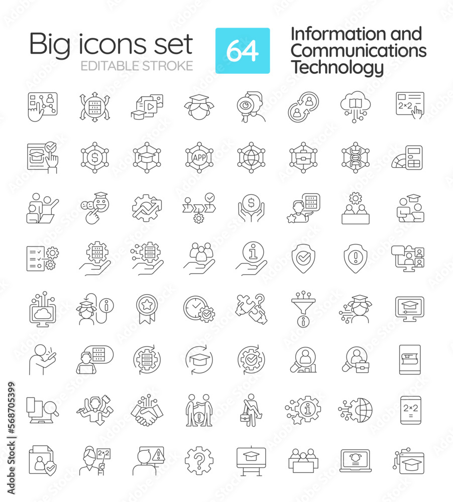 Information and communications technology linear icons set. Big data ...