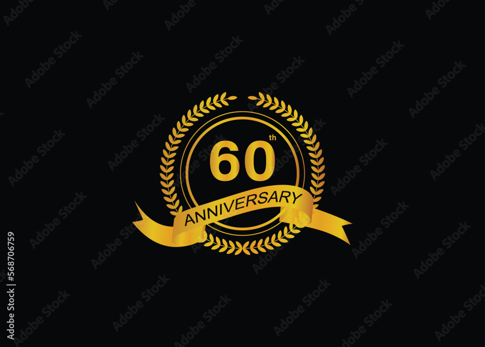 60th golden anniversary logo with ring and ribbon, laurel wreath vector ...
