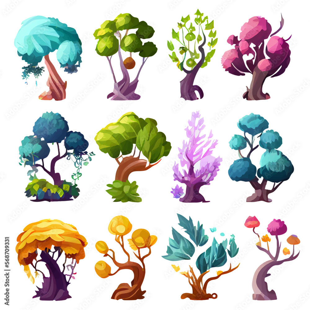 vector set illustration in cartoon style of magical mystical tree Stock ...