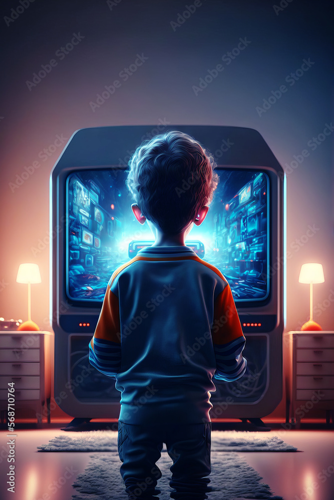 Kid playing video games in his room. Back view of a child sitting in ...