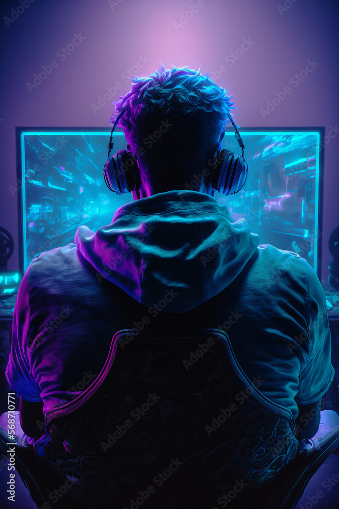 Gamer playing video games in a futuristic interior. Back view of a man ...