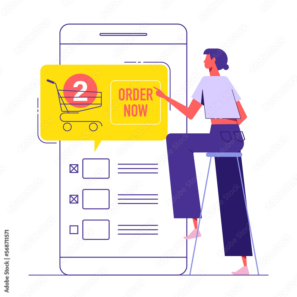 Mobile phone with shopping cart full, online ordering notification ...