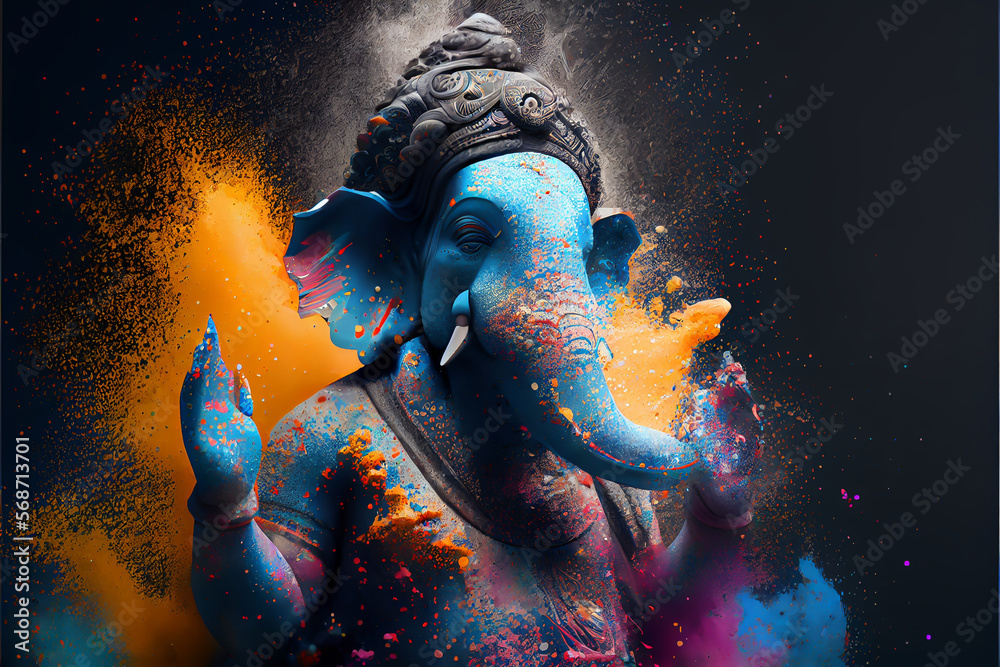 illustration of ganesha in holi dust splash on black background Stock ...