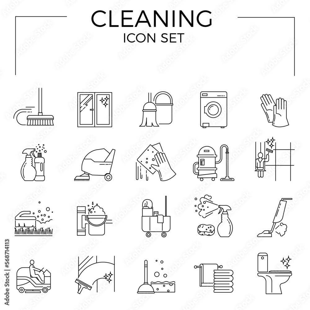 CLEANING Icon Set. Black and white icons. Stock Vector | Adobe Stock