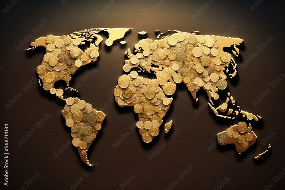 World map made of money coins illustration generative ai Stock ...