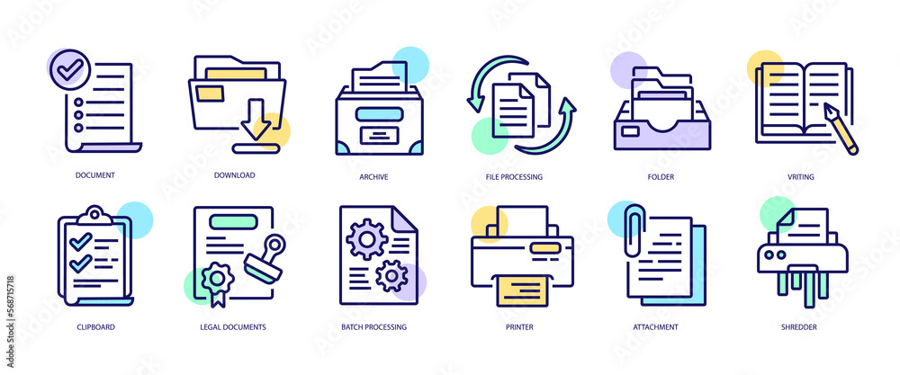 Set of linear icons with Document concept in purple, yellow on blue ...