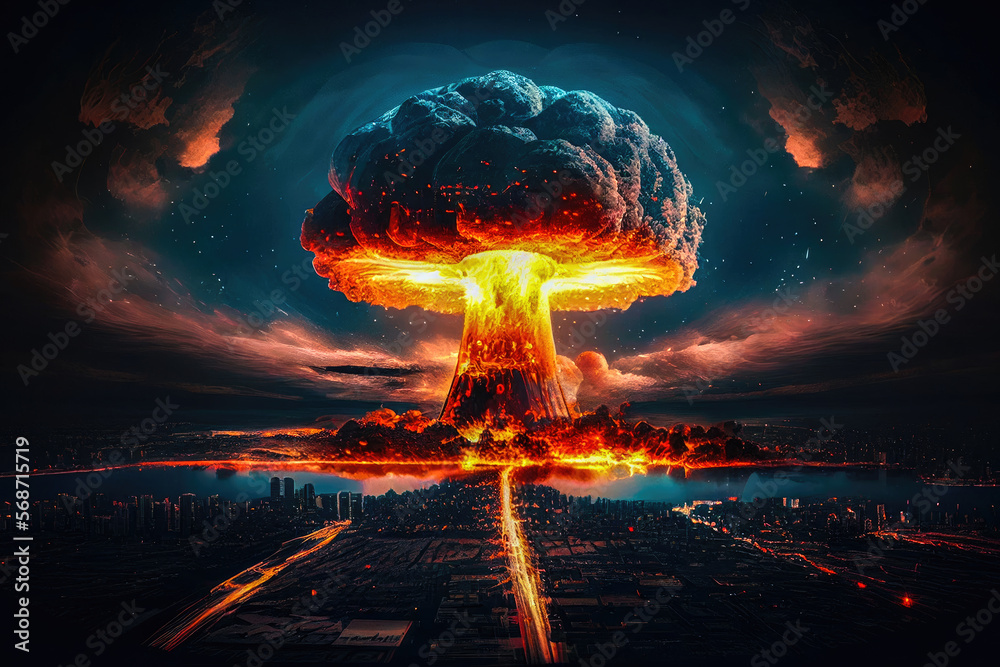 Powerful explosion fire in the shape of a nuclear mushroom cloud over ...