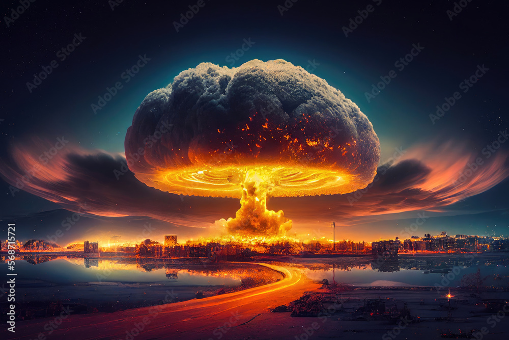 Powerful explosion fire in the shape of a nuclear mushroom cloud over ...