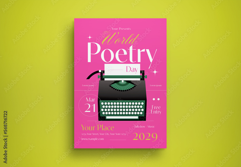 Pink Modern World Poetry Day Flyer Layout Stock Template | Adobe Stock