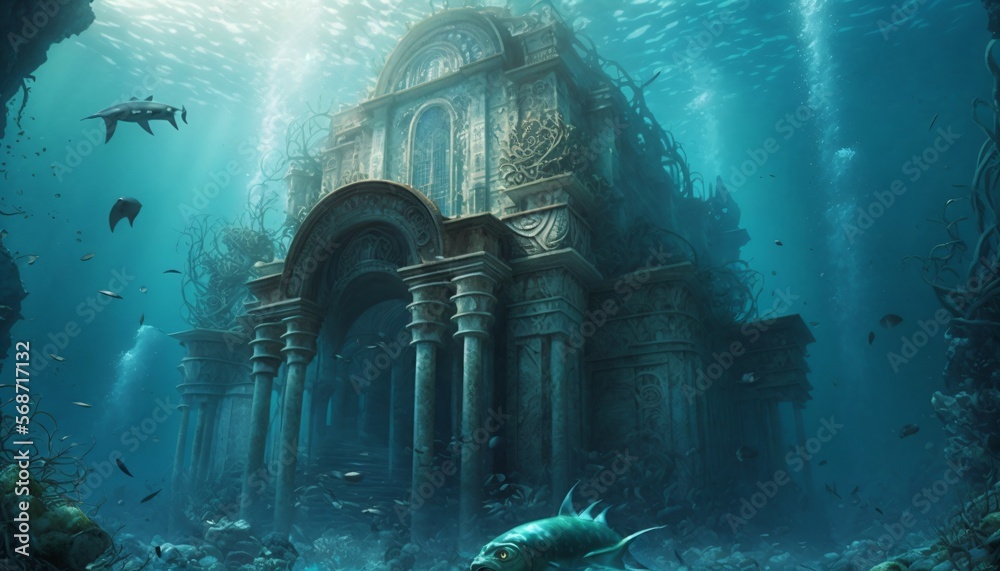 atlantis underwater scene, magic blue ocean with ancient temple ruins ...