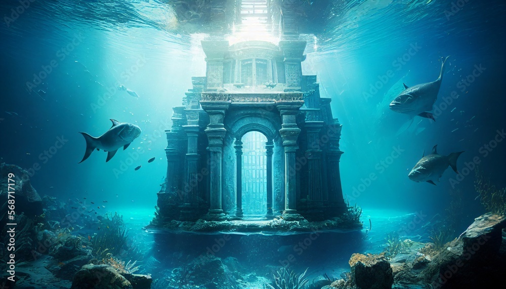 atlantis underwater scene, magic blue ocean with ancient temple ruins ...