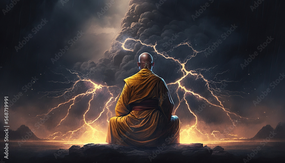 Buddhist monk sitting on rock meditating as a fierce storm approaches ...