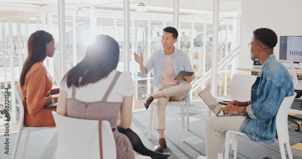 Collaboration meeting, technology and diversity business people review ...