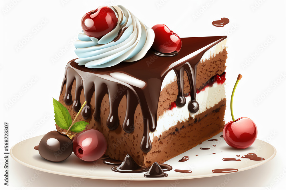 Piece of layered chocolate cake with maraschino cherry. Chocolate cake ...