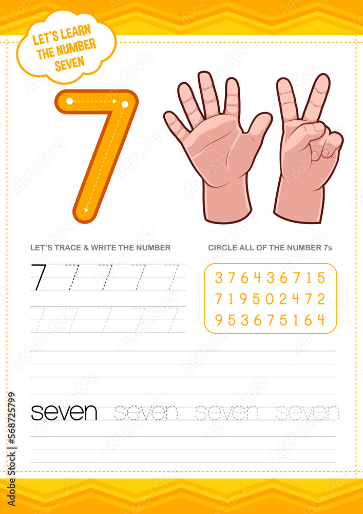 Preschool Learning Number Seven Worksheet Stock Vector | Adobe Stock