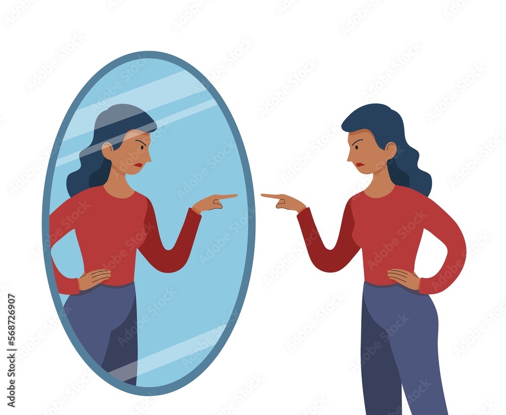 A disgruntled, angry woman looks at herself in the mirror. The girl ...