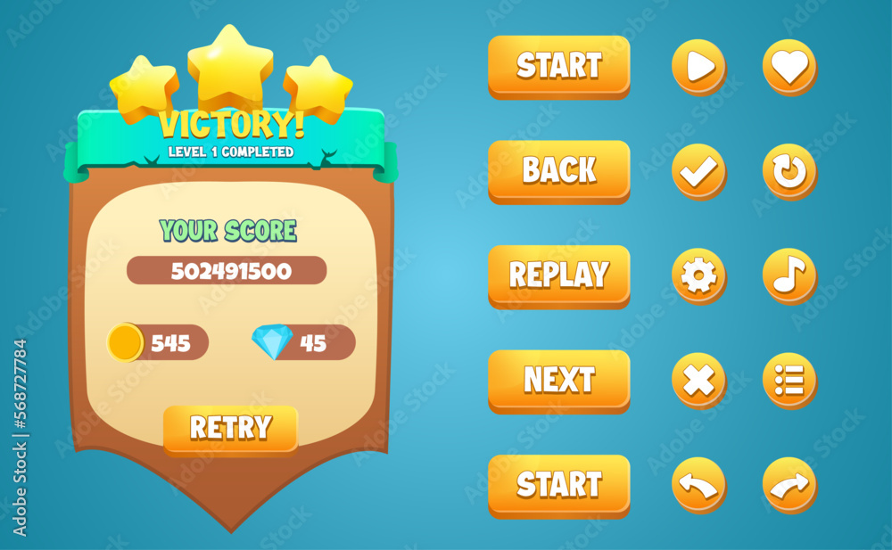 Graphic user interface vector game UI kit. Buttons, icons and pop-ups with editable text effect ...