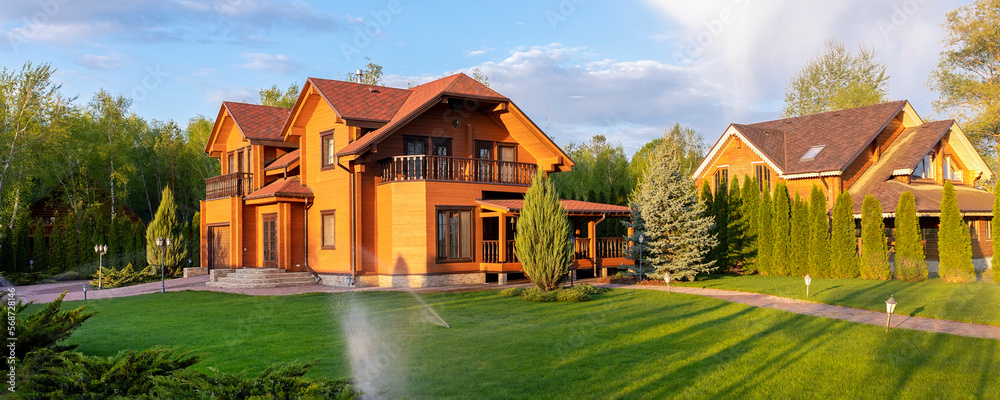 Modern wooden eco house villa facade luxury big house. Timber cottage ...