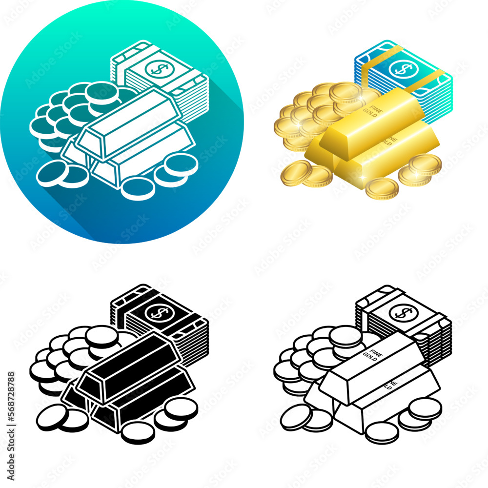 Isometric View Collection of Gold Bars Cash Stacks Gold Coin Asset ...