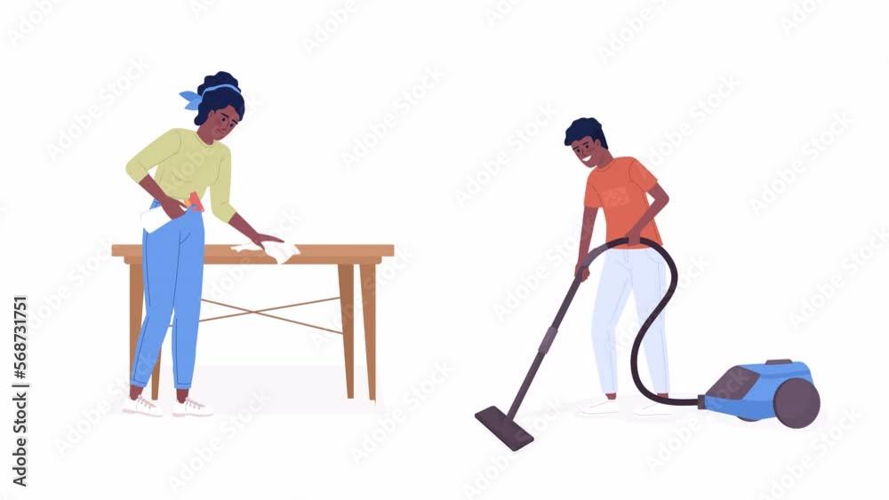 Animated doing chores together. Split up responsibilities. Full body ...