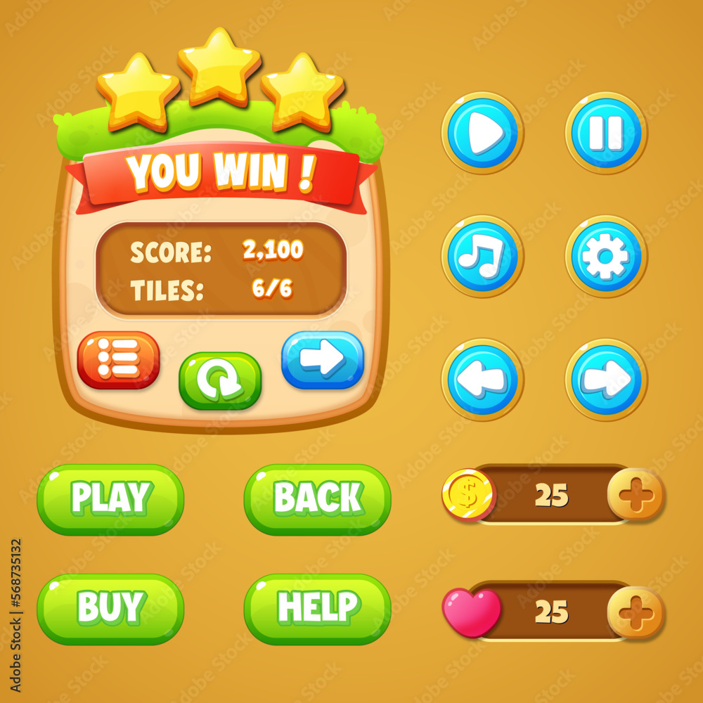 Graphic user interface vector game UI kit. Buttons, icons, bars and pop-ups with editable text ...