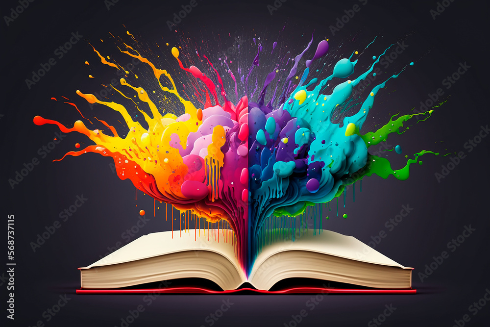 Open book with color splashes. Illustration showing creating ideas and ...