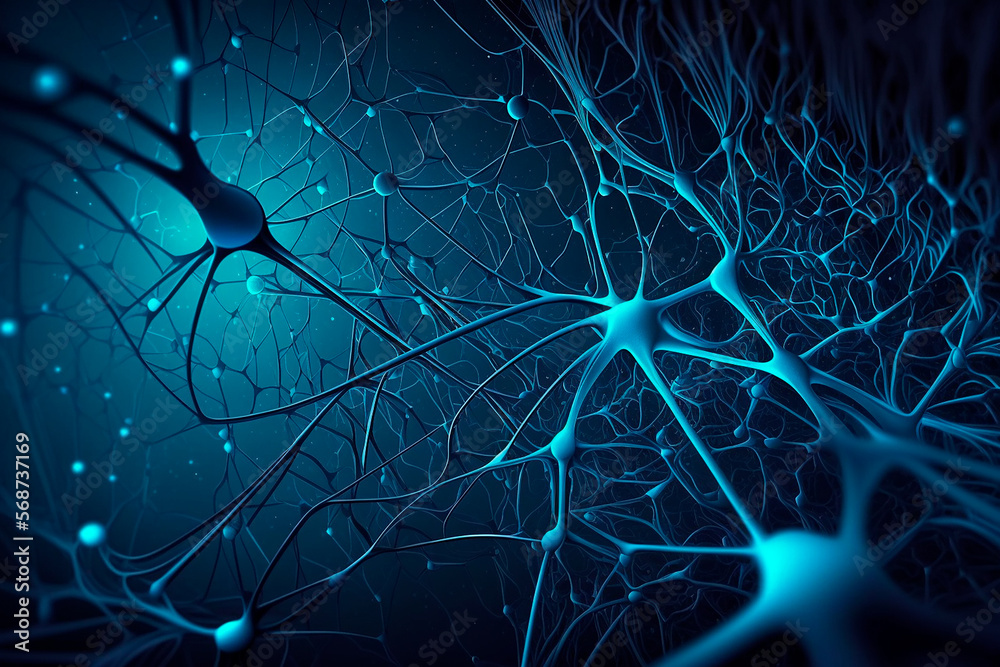 Illustration of a neural network of interlacing shining threads in blue ...