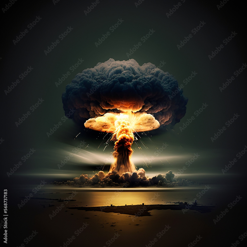An explosion in a town's skyline making a nuclear fire mushroom cloud ...