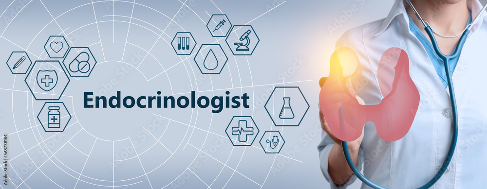 Endocrinologist, thyroid illustration, word and icons on light ...