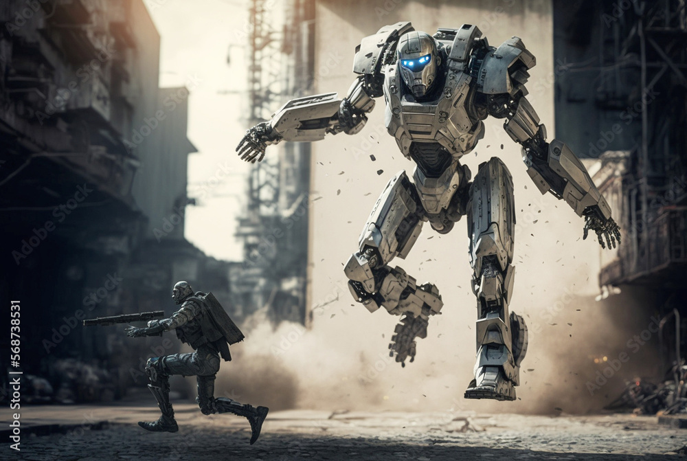 front view of a human in a combat suit or a humanoid android robot with ...