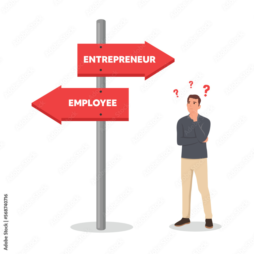 Young man standing at road sign with two career pathways - entrepreneur ... Young man standing at road sign with two career pathways - entrepreneur ...