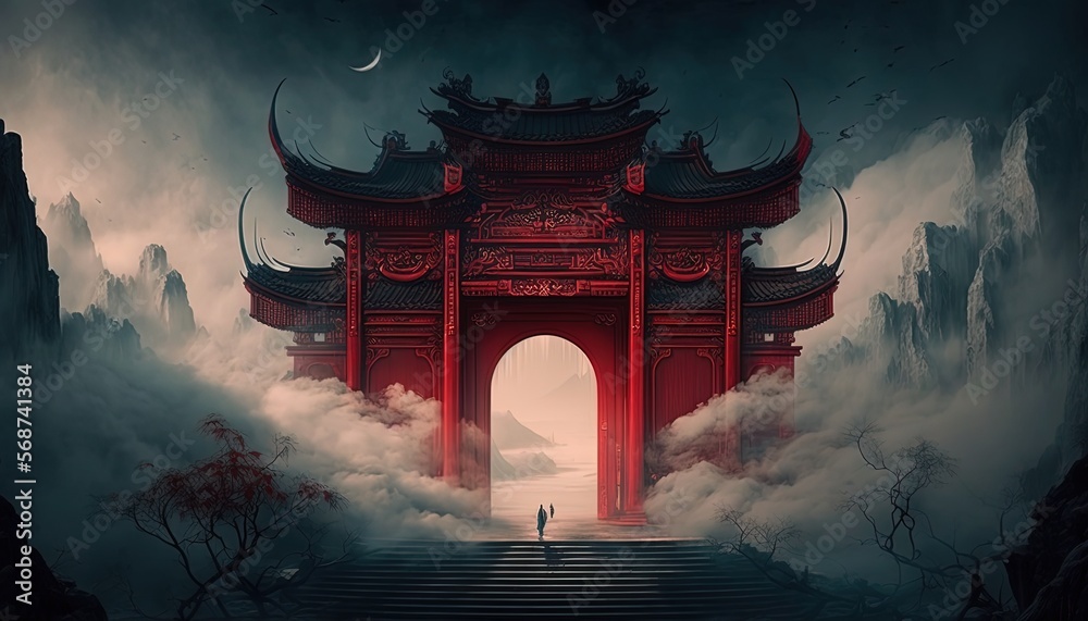gigantic red hell gate, ancient Chinese mythology the gate to spirit ...