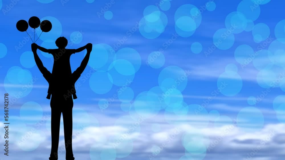 Father and son black shadow icon on blur blue sky background. happy ...