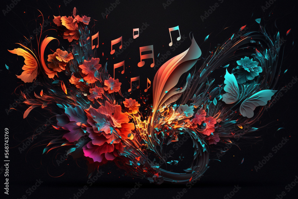 Abstract musical note symbol painting, black background. Generative AI ...