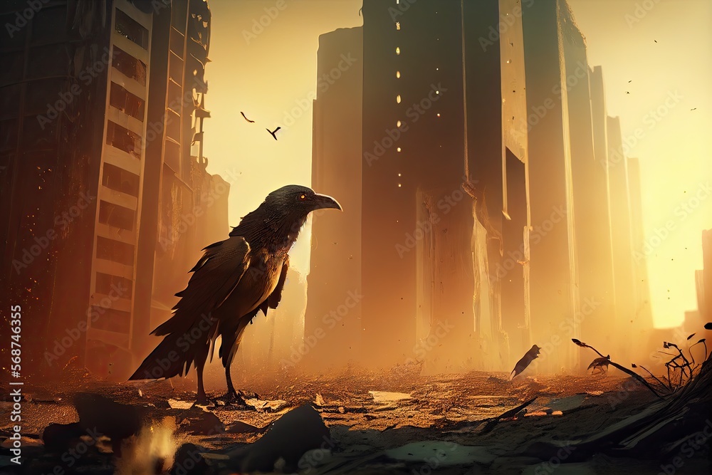 Raven bird in dystopian apocalyptic, End of world environmental ...