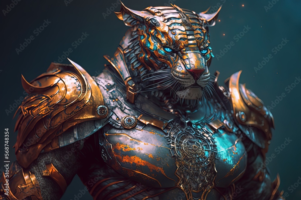 tiger wearing iron plate medieval armor, Generative Ai Stock ...