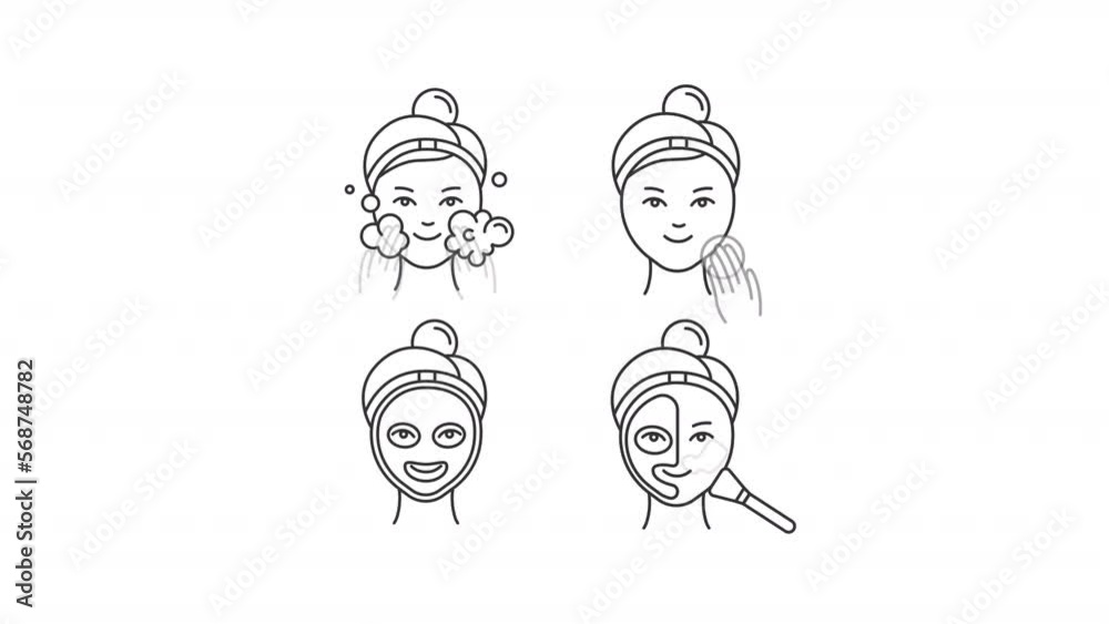 Animated beauty routine linear icons. Skin cleansing foam. Face ...