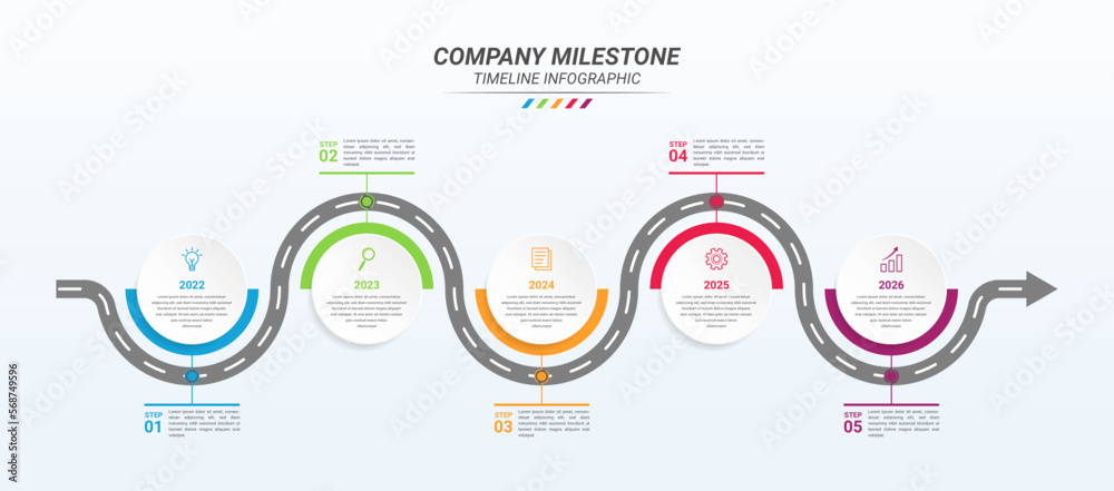 Curve Road Map Infographic Template and Business Icon with Five Steps ...