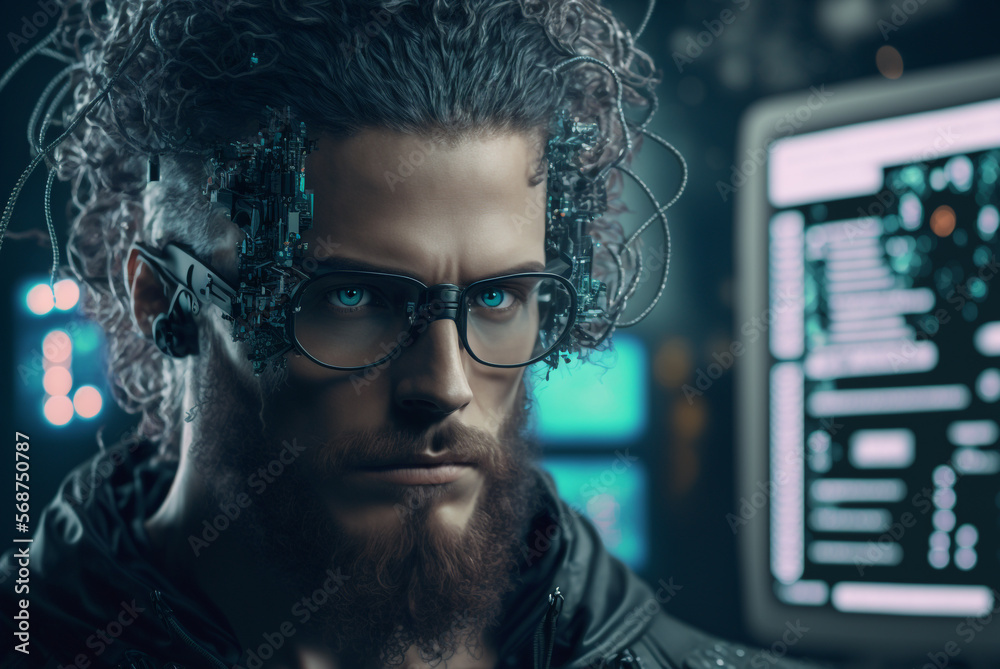 Hacker with a determined look, surrounded by information technology ...