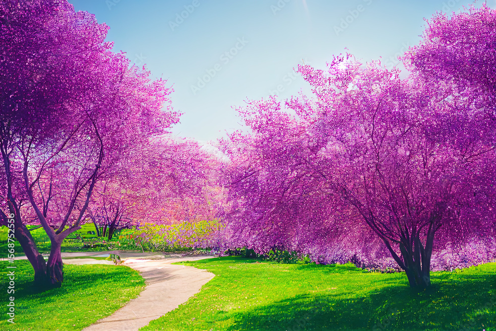 Beautiful blossoms landscapes in pink and juicy green, spring symbole ...