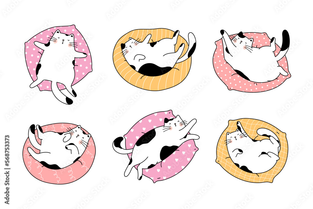 Hand drawn character collection with cute cats lying on the pillow ...