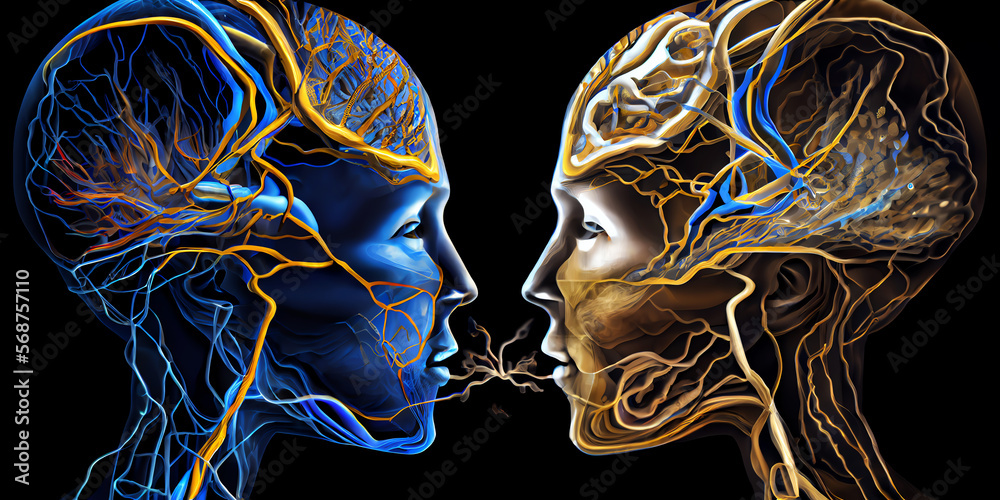 Futuristic exchange of ideas at a neuronic level, generative AI Stock ...