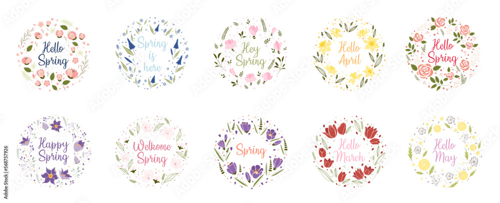 Hello Spring logo, round banner with spring plants, leaves and flowers ...