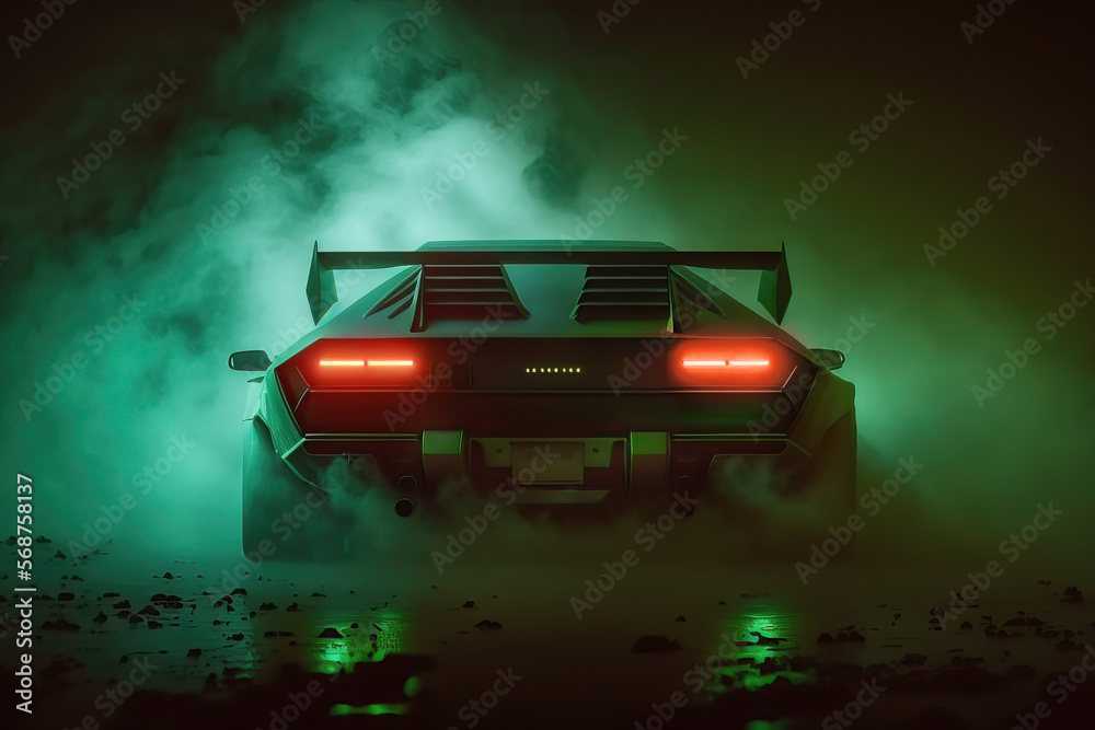 Rear Illustration of an 80s futuristic supercar in the foggy night with ...