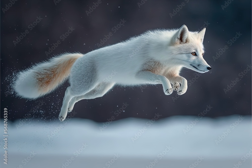 A young arctic fox jumping in the snow at sunset. Generative ai Stock ...