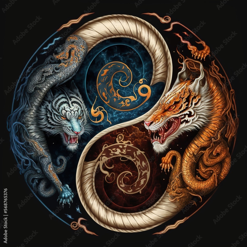 yin and yang, dragon and tiger, buddhism, religion, symbol Stock ...